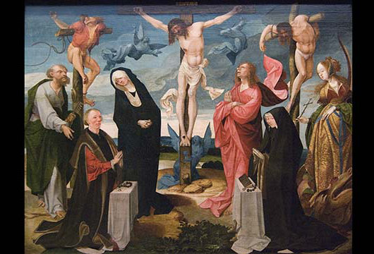 Buyenlarge 'The Crucifixion with Donors and Saints Peter and Margaret,' by Cornelis Engebretsch ...